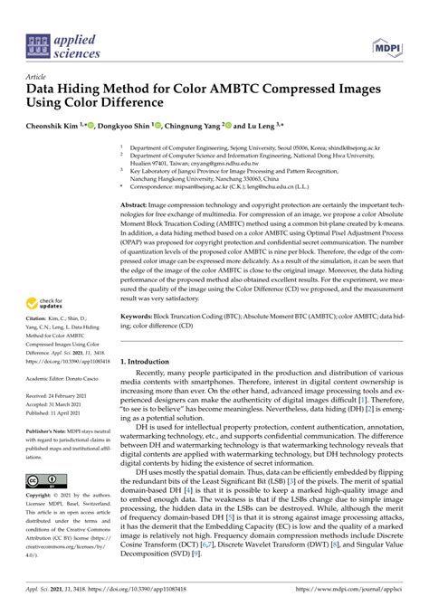 PDF Data Hiding Method For Color AMBTC Compressed Images Using Color Difference