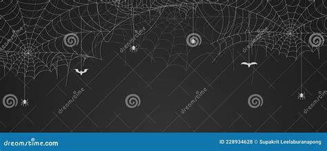 Spider Web Banner With Spiders And Bats Hanging Cobweb Background