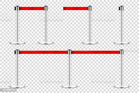 투명 한 배경에 현실적인 개폐식 벨트 스탠치온 주의 스트랩으로 군중 제어 장벽 기둥 큐 라인입니다 제한 국경 및 위험 테이프 벡터 일러스트레이션 울타리에 대한 스톡 벡터