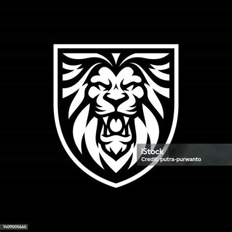 사자 머리와 방패 엠블럼 로고 디자인 어두운 배경에 라이온 벡터 일러스트 레이 션 갈기에 대한 스톡 벡터 아트 및 기타 이미지