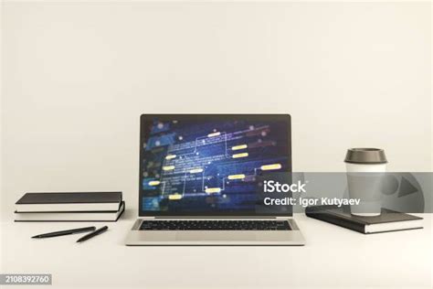 추상적 인 창조적 인 코딩 스케치 인공 지능 및 신경망 개념이있는 현대 컴퓨터 화면 3d 렌더링 0명에 대한 스톡 사진 및 기타 이미지 Istock