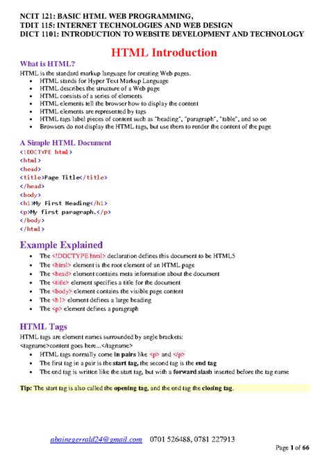 Html Notes Html Basics Abainegerrald24gmail 0701 526488 0781 227913 Ncit
