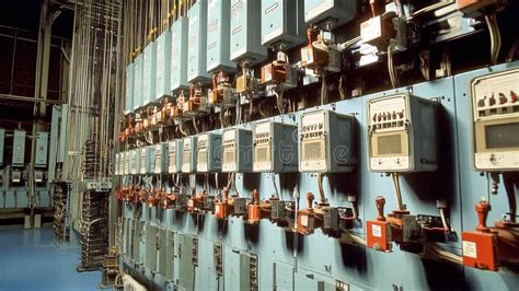 Industrial Control Panel Displaying Multiple Electric Meters And Switches In A Facility During