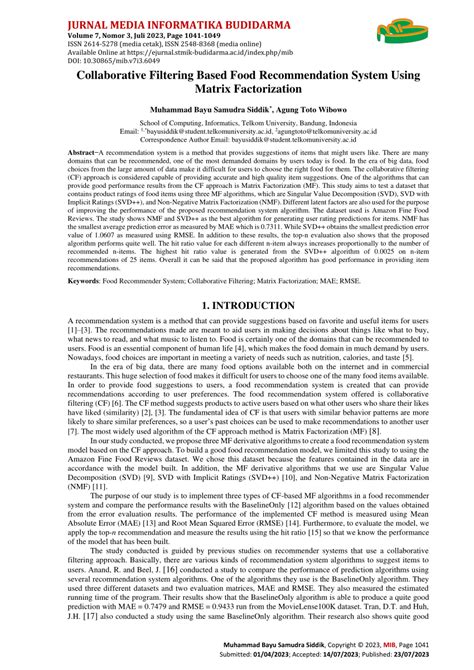 pdf collaborative filtering based food recommendation system using matrix factorization