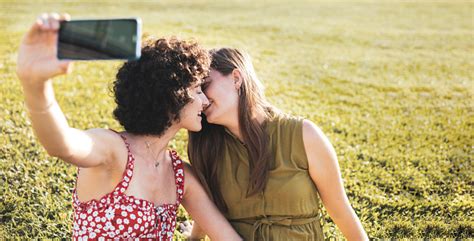 Some Lesbian Girls Take A Photo With Their Cell Phones While Kissing In