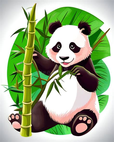 мультипликационный медведь панда сидит на зеленом листовом растении с бамбуком Стоковое