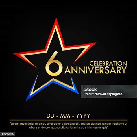 6 주년 기념 엠블럼 기념일 우아함 황금 로고 빨간색과 파란색 스타 모양 웹 전단지 전단지 인사말 카드 및 초대 카드를위한 벡터 일러스트 템플릿 디자인 0명에 대한 스톡