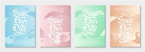 4 추상 현대 그래픽 액체 인사말 카드의 세트 동적 파도 파스텔 색의 유체 형태 격리 된 결혼 초대 템플릿 날짜 고딕 양식의 서예 빈티지 레터링을 저장합니다 0명에 대한