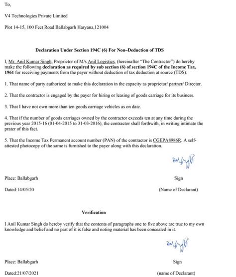 Transporters Declaration For Nondeduction Of Tds Us 194c Drafting
