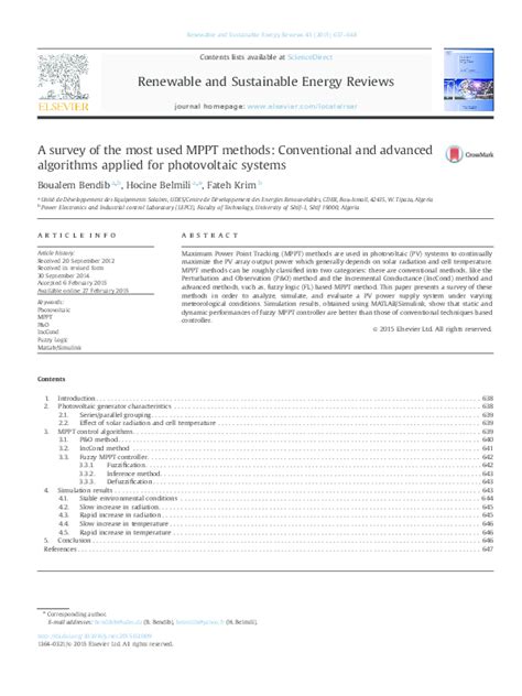 Pdf A Survey Of The Most Used Mppt Methods Conventional And Advanced