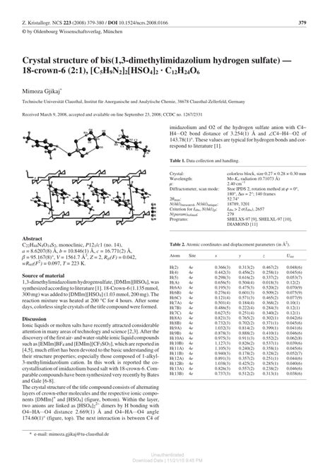 Pdf Crystal Structure Of Bis13 Dimethylimidazolium Hydrogen Sulfate