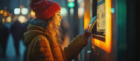 Woman Using A Ticketing Machine In The City At Night Premium Ai Generated Image