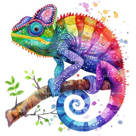Colorful Chameleon Watercolor Art Printable Chameleon Draw Colourful