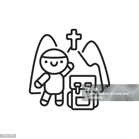 순례 라인 검은 아이콘 배낭 가와이 픽토그램 귀여운 캐릭터 웹 페이지 모바일 앱 버튼 로고에 서명합니다 벡터 격리 요소입니다 편집 가능한 스트로크 개념에 대한 스톡 벡터