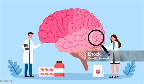 두통의 진단 및 치료 신경학에서 환자의 뇌 질환에 대한 의사 검사 돋보기 연구 거대한 뇌 평면 디자인 벡터 일러스트 레이 션과 의사 과학에 대한 스톡 벡터 아트 및 기타