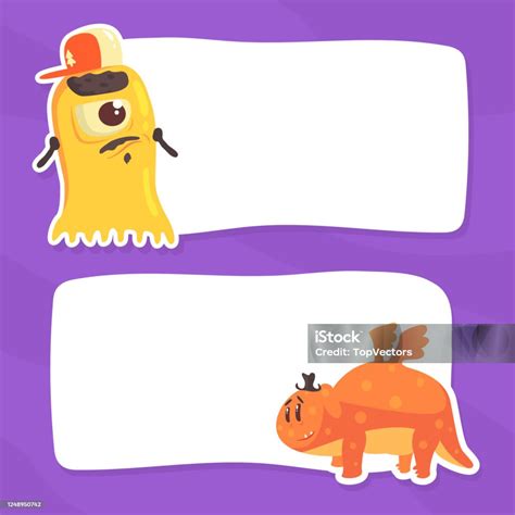 빈 배너 세트와 귀여운 아기 괴물 빈 간판 벡터 일러스트를 보여주는 친절한 재미있는 생물 캐릭터 광고에 대한 스톡 벡터 아트 및 기타 이미지 Istock