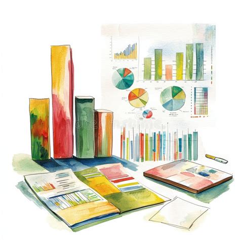 A Colorful Watercolor Illustration Of Charts And Reports Showcasing Data Analysis And Business