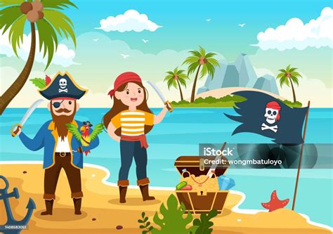 나무 바퀴 가슴 빈티지 카리브해 해적과 졸리 로저와 바다 또는 섬에 배에 귀여운 해적 만화 캐릭터 일러스트 레이 션 걸이 장비에 대한 스톡 벡터 아트 및 기타 이미지