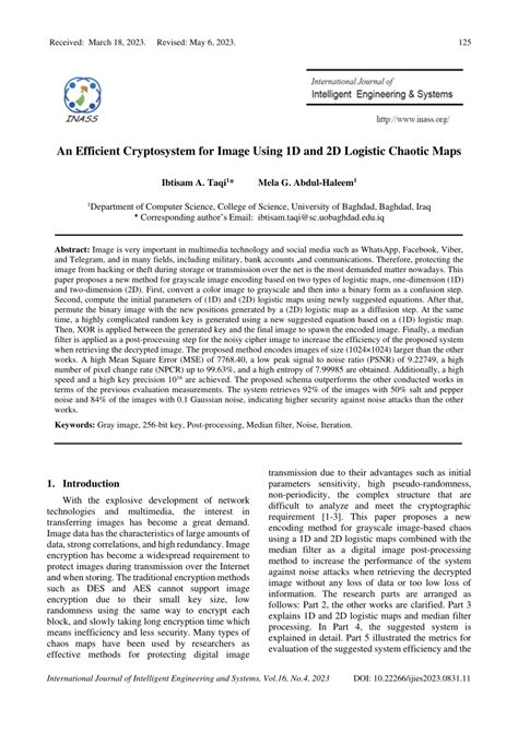 pdf an efficient cryptosystem for image using 1d and 2d logistic
