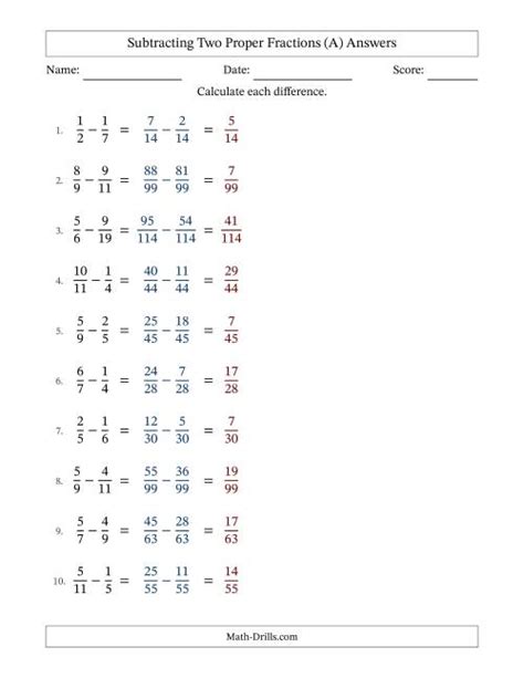 Subtracting Two Proper Fractions With Unlike Denominators Proper
