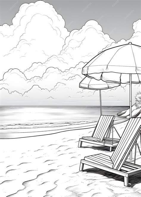 해변 칠색 페이지 해변 그림 색칠 페이지는 해변 풍경 색칠 페이지에 대한 라인 아트 해변 색칠 책 성인 색칠페이지 Ai 생성 프리미엄 사진