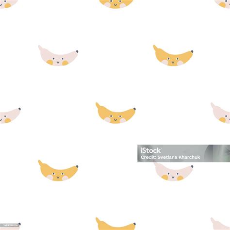 웃는 얼굴이 있는 바나나 캐릭터 원활한 패턴 단순하고 순진한 스타일의 손으로 그린 만화 낙서 아이들을 위한 파스텔 팔레트의 벡터 삽화 흰색 배경에 귀여운 과일을 분리합니다