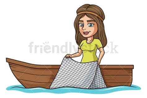 Woman On Boat Fishing With Net Cartoon Vector Clipart FriendlyStock