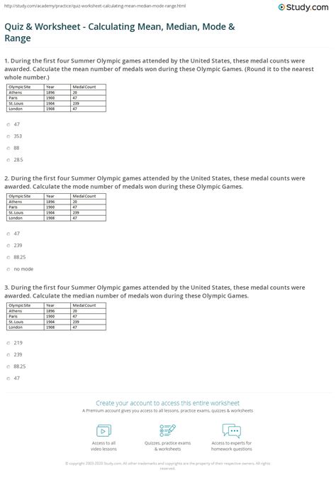 Quiz Worksheet Calculating Mean Median Mode Range Study