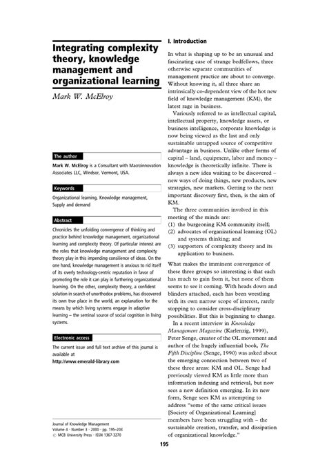 Pdf Integrating Complexity Theory Knowledge Management And