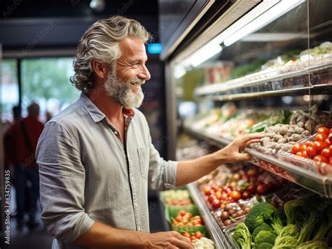 Mature Man Shopping In Grocery Store Side View Choosing Fresh Fruits
