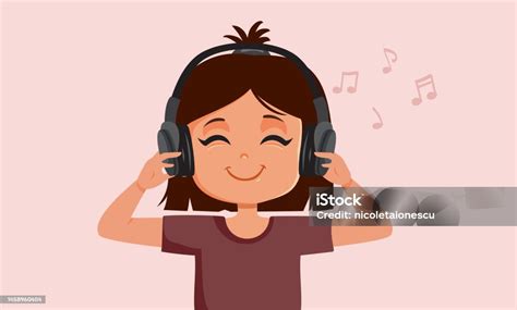 헤드폰으로 음악을 듣고 있는 어린 소녀 벡터 만화 일러스트 레이 션 교육에 대한 스톡 벡터 아트 및 기타 이미지 교육 귀여운 노래 Istock