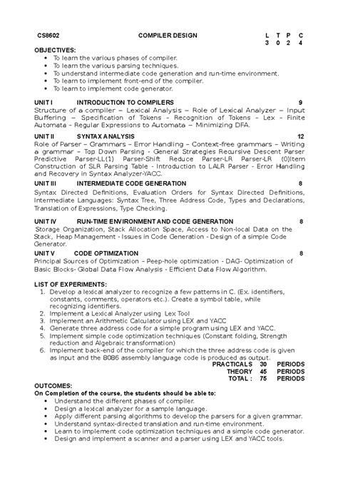 Cs8602 Compiler Design Cs8602 Compiler Design L T P C 3 0 2 4 Objectives To Learn The Various
