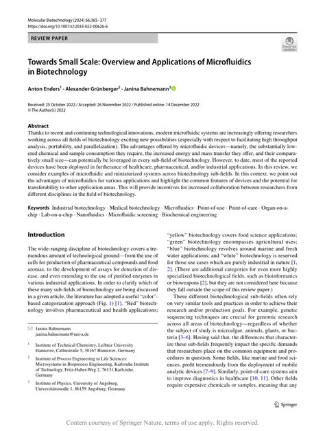 Pdf Towards Small Scale Overview And Applications Of Microfluidics In Biotechnology