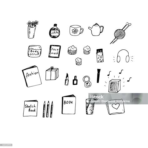 여성의 물건 세트 벡터 일러스트레이션 컵 주전자 과자 서적 잡지 화장품 그림 음악 베개 선물 핸드 드로잉 개체 그룹에 대한 스톡