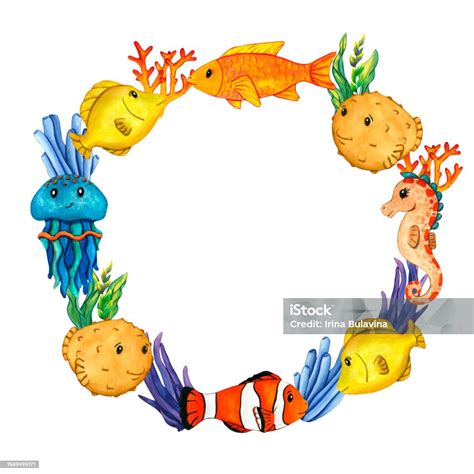 귀여운 노란색과 주황색 탕 물고기 흰동가리 해마 문어 해파리가 있는 해양 수채화 프레임 손으로 그린 바다 캐릭터 삽화 아이들