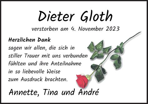 Traueranzeigen Von Dieter Gloth Noz Trauerportal