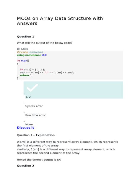 Mcqs On Array Data Structure With Answers Pdf Computer Programming