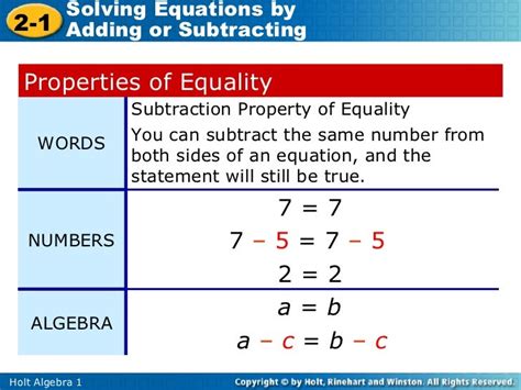 Subtraction Property Of Equality Chapter 2 1 Addition Subtraction