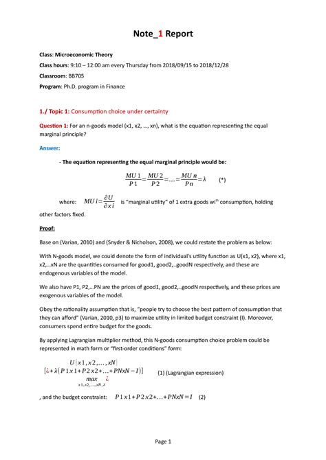 Fall2018 Note 1 Lecture Notes 1 Note 1 Report Class Microeconomic