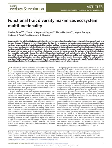 Pdf Functional Trait Diversity Maximizes Ecosystem Multifunctionality