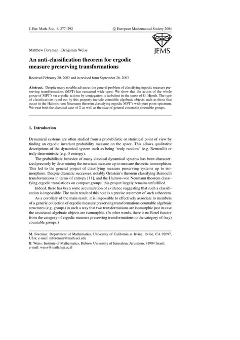 Pdf An Anti Classification Theorem For Ergodic Measure Preserving