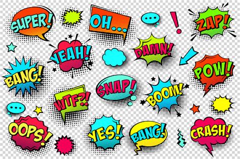 하프톤 그림자와 텍스트 문구만화 컬러 의 연설 거품 감정의 소리 표현 손으로 그린 복고풍 만화 스티커 팝 아트 스타일 벡터