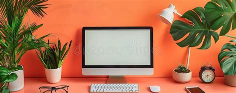 Modern Minimalist Workspace With Computer And Greenery On Orange Desk