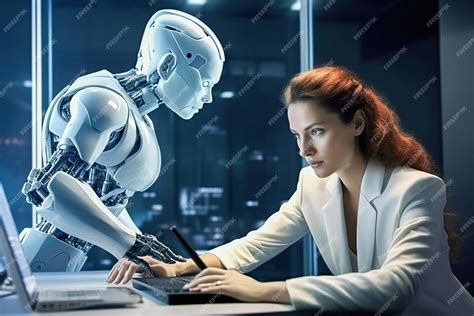 A Female Programmer Discusses Project Details With A Humanoid Robot Premium Ai Generated Image