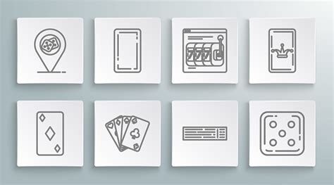 다이아몬드 기호 백 카드 플레이의 갑판 게임 주사위 온라인 슬롯 머신 행운일곱 잭팟 조커와 카지노 위치 아이콘과 라인 재생 카드를 설정합니다 벡터 가능성에 대한 스톡 벡터