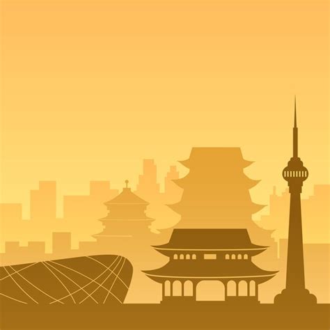 황금 색상의 베이징 중국 광장 풍경 보기 프리미엄 벡터