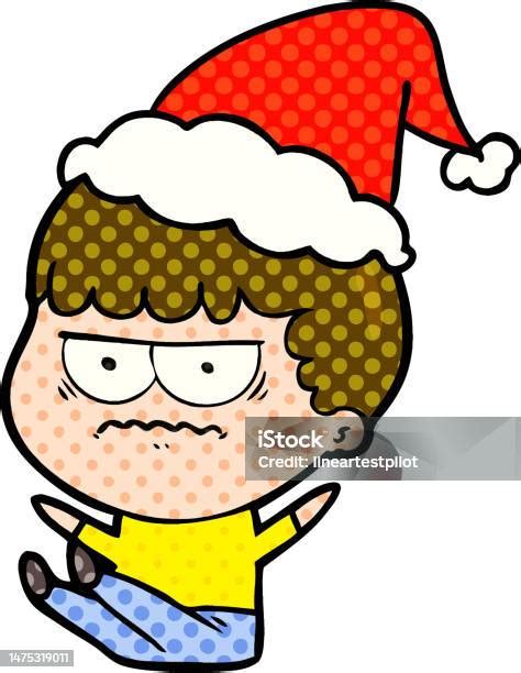 산타 모자를 쓰고 짜증나는 남자의 손으로 그린 만화책 스타일의 그림 낙서 드로잉에 대한 스톡 벡터 아트 및 기타 이미지 낙서