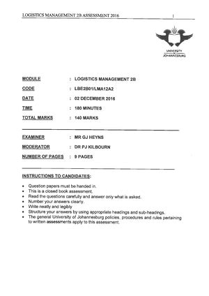 Ibmlma 1 Assignment Memo 2017 Final DEPARTMENT OF TRANSPORT AND LOGISTICS INDIVIDUAL
