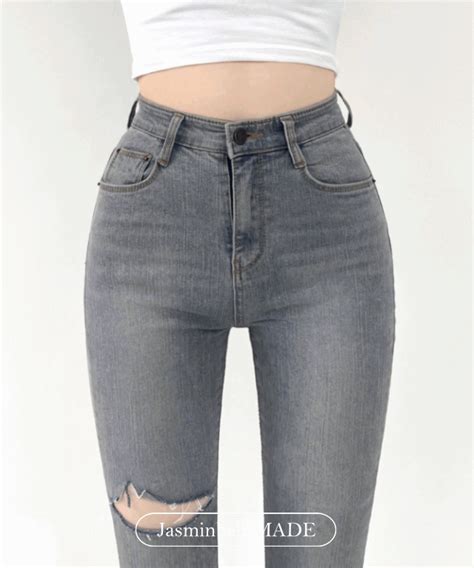 Made숏and롱xs~xl 자체제작 자스민벨 허리들뜸 없는 그레이 연청 트임 컷팅 하이웨스트 스키니 팬츠 에이블리