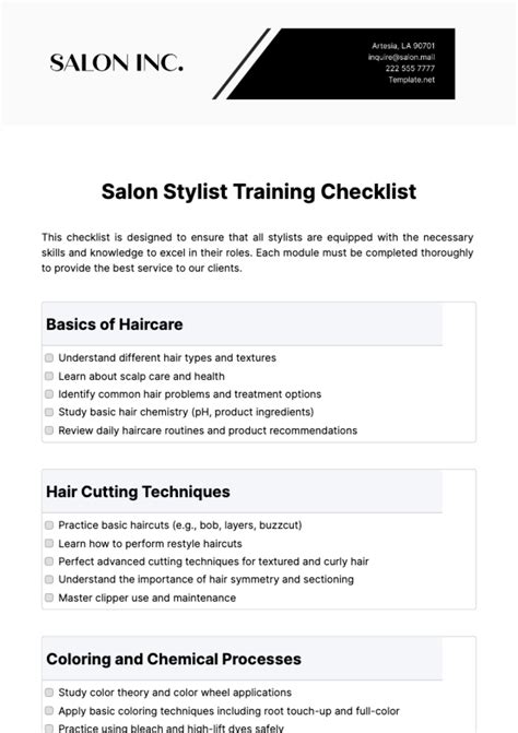 Free Salon Stylist Training Checklist Template To Edit Online